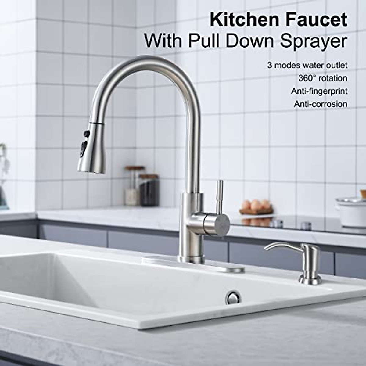 Brushed Nickel Pull Down Kitchen Faucet with Soap Dispenser - High Arc 3-Function Kitchen Sink Faucet with Pull Down Sprayer, Stainless Steel Pull Out Kitchen Faucet Single Hole Single Handle