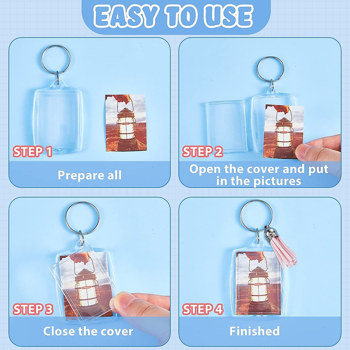 Henoyso 24 Set Acrylic Photo Frame Keychain with Tassels 2.2 x 1.57 inches Rectangle Acrylic Keychain Blanks Insert Picture Frame Keychain Clear Acrylic Blank Key Ring for DIY Crafting Projects