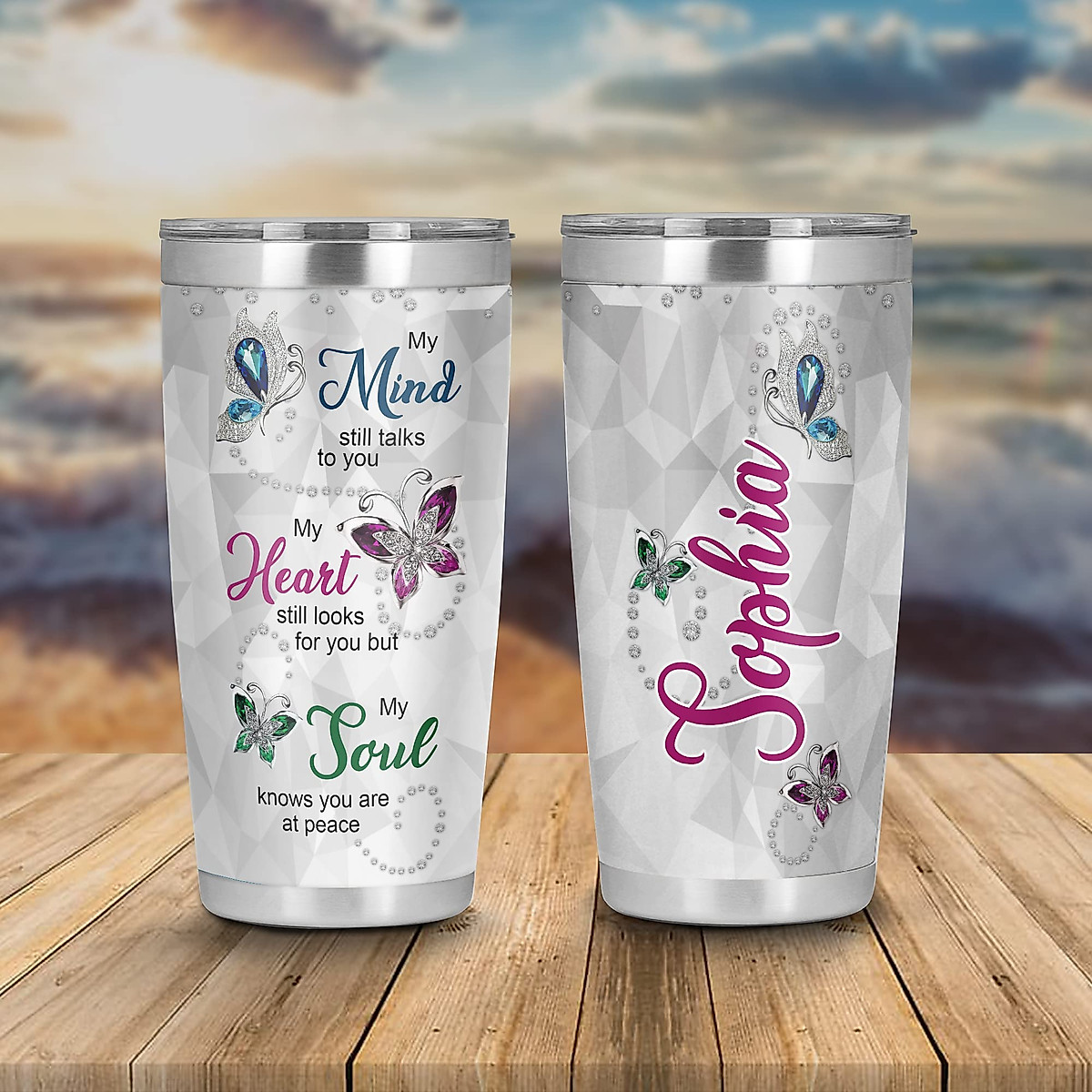 Hyturtle Personalized My Mind Still Talks To You Butterfly 20Oz Stainless Steel Tumbler With Lid, Double Wall And Vacuum Sealed, Memorial Gifts For Loss Of Father Mother Wife Husband
