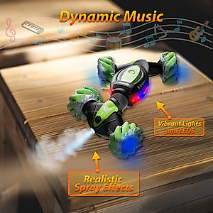 Contixo SC1 All Terrain Speed Crawler RC Stunt Car, 4WD 2.4GHz Remote Control Car, Gesture Sensor Toy Cars, Double Sided Rotating 360° Flip Offroad Vehicle with Lights Music, Kids Toy Cars, Green