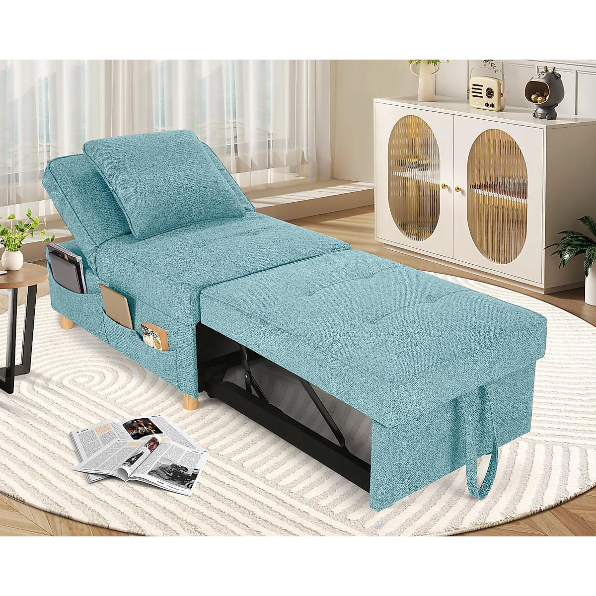 SEJOV Sleeper Sofa Chair Bed,4-in-1 Convertible Sofa Bed Chair with 6 Adjustable Backrest and Pillow, 3-Seat Pull Out Sleeper Chair Linen No Backrest for Bedroom Small Space Living Room, Sky Blue