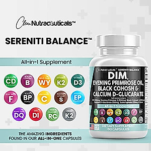 DIM 300mg Evening Primrose 3000mg Black Cohosh 3000mg Calcium D-Glucarate 250mg Sulforaphane Flax Seed Extract - Hormonal Balance Support Vitamins for Women with Dong Quai - Made in USA 60 Caps