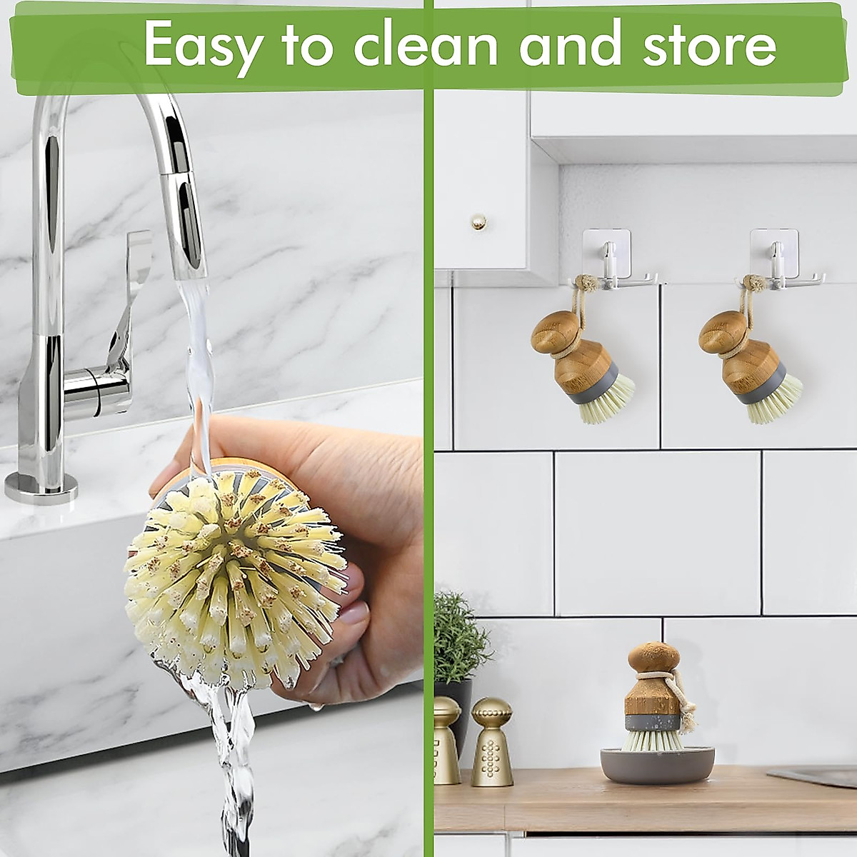 Bamboo Dish Brush, 2 Pack Bamboo Dish Scrub Brushes with Tray, Detachable Wooden Palm Brush for Cleaning Pots, Pans, Dishes, Sink and Vegetables