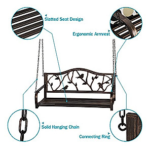 MFSTUDIO 50 Inches Patio Front Porch Swing,Outdoor Iron Metal Swing Chair with Chains,Pastoral Bird Backrest,Steel Hanging Bench Chair for Garden,Yard,Deck-Bronze