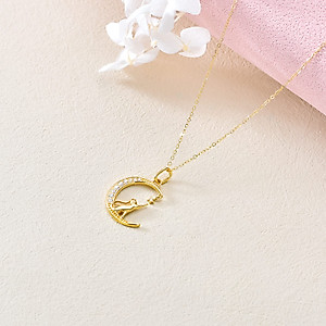 SISGEM 14K Real Gold Moon Cat Necklace for Women, Delicate Gold Cat Star Crescent Moon Pendant Anniversary Jewelry Gift for Her,Wife, Mom, Girl 18"
