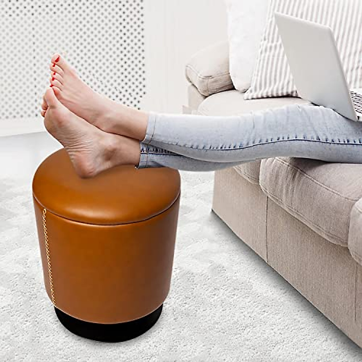 HeuGah Storage Ottoman with Storage for Living Room,Faux Leather Round Ottoman Coffee Table and Ottoman Foot Rest with Metal Rotatable Chassis (Brown)