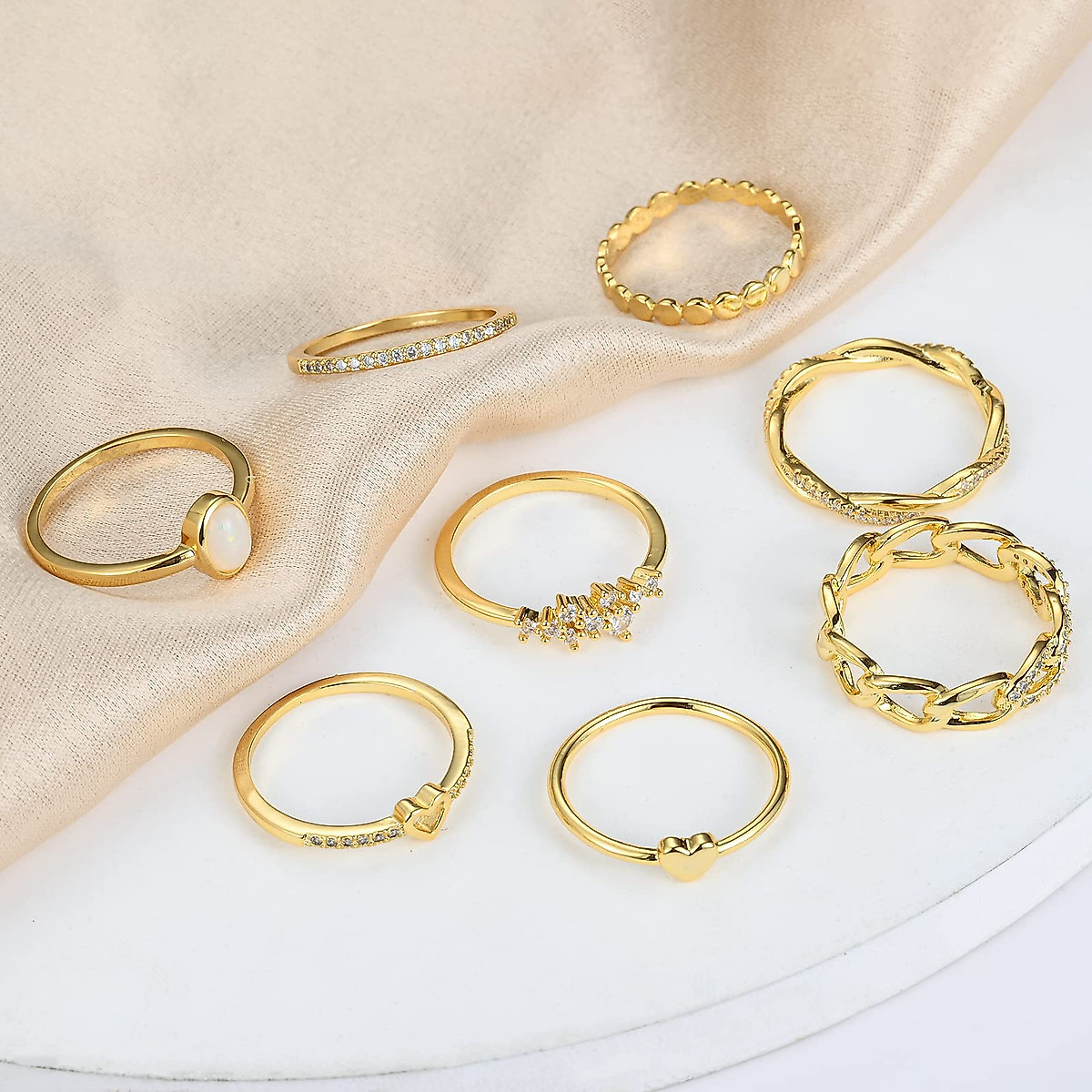 PLOMFOV 14K Gold/Silver Plate Stacking Rings Set for Women CZ Heart Simple Cute Stackable Rings Dainty Trendy Gold Statement Rings Plain Band Size 4-11 Gold 7