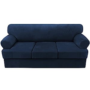 H.VERSAILTEX Sofa Cover 4 Piece T Cushion Sofa Slipcovers Thick Velvet Couch Cover Furniture Protector Stretch T Cushion Sofa Covers for 3 Cushion Couch with 3 Individual T Cushion Covers, Navy