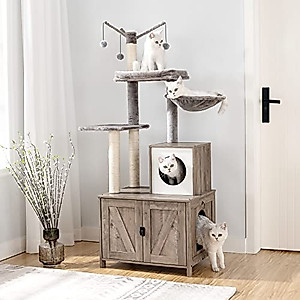 HOOBRO Cat Tree Tower with Litter Box Enclosure for Indoor Cats, Wooden Cat Condo with Scratching Posts, Cat Litter Box Furniture Hidden, All-in-One Cat Toy with Cat House, Greige BG15MZ03