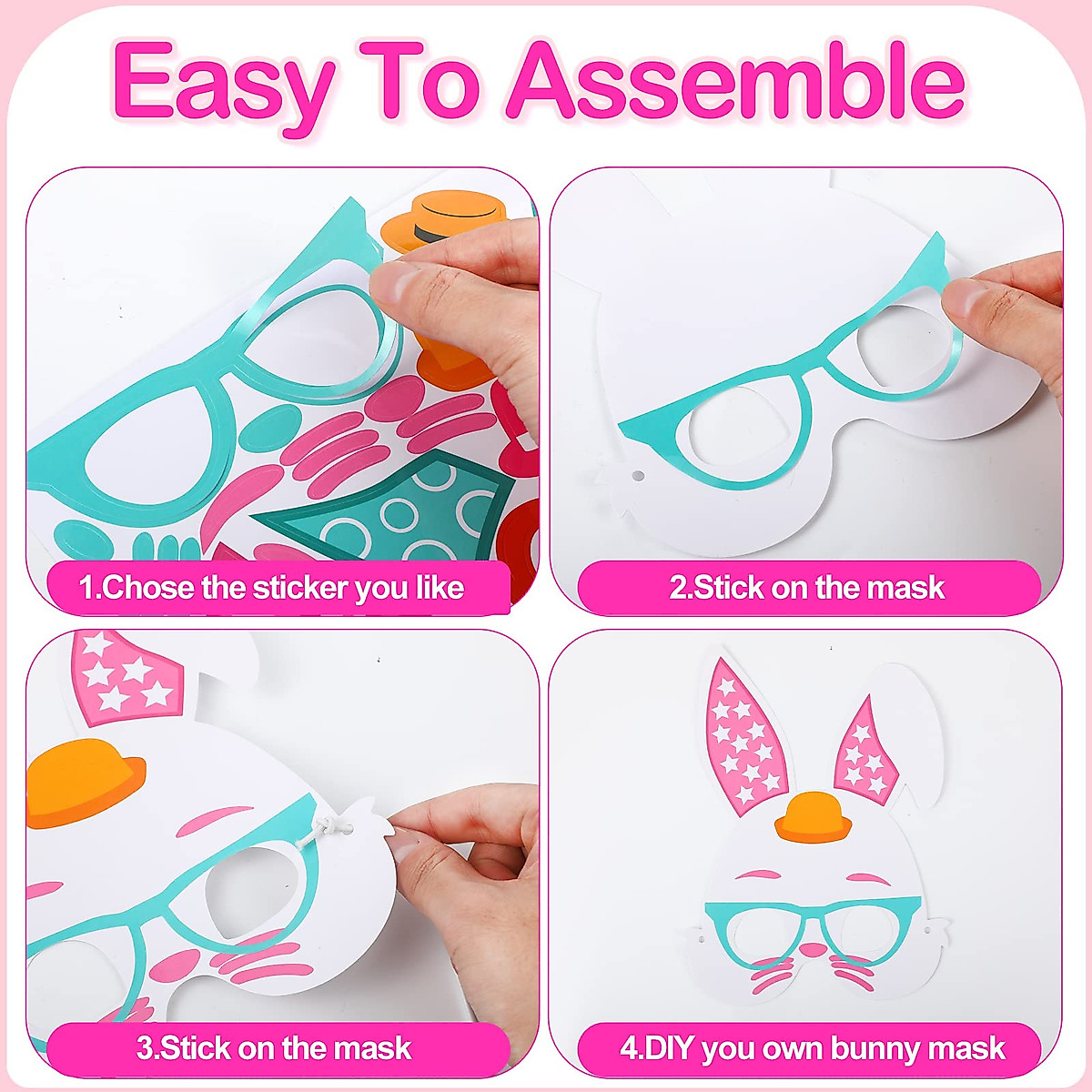 Spakon 60 Pieces Easter Bunny Mask Craft Kits Novelty Easter Rabbits Craft Kits Personalized Bunny Characters for Kids Fun Home Activities DIY Arts Craft Self Adhesive