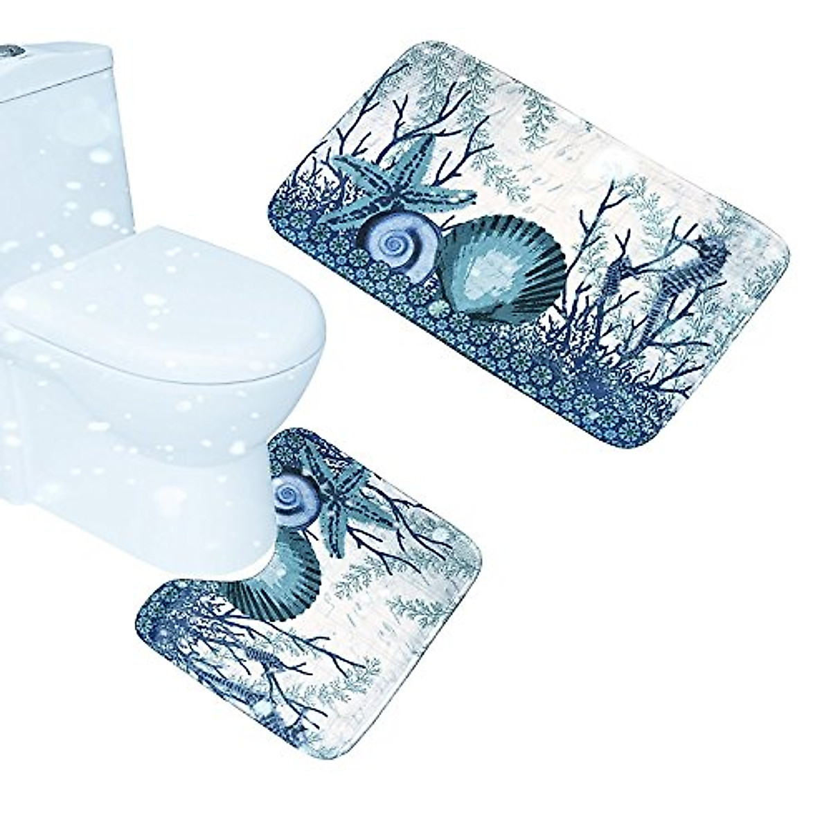 Amagical Sea Shells Seahorse Starfish Pattern 3 Piece Blue Ocean Shower Curtain Bath Mat Set Non Slip Bathroom Mat Contour Mat Fabric Shower Curtain with 12 Hooks