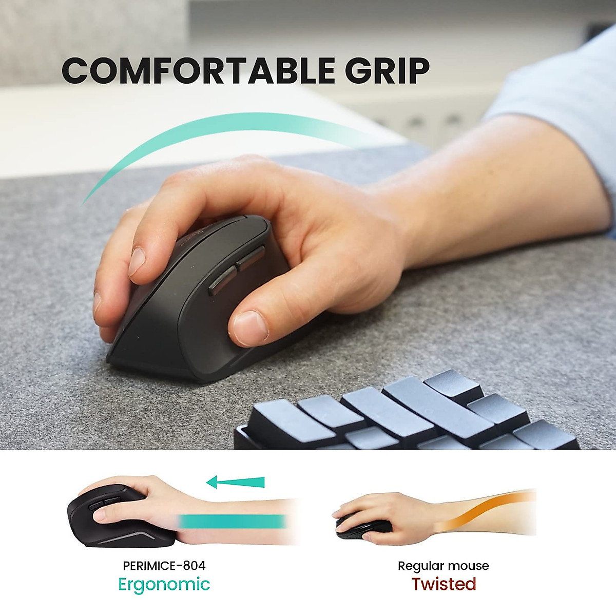 Perixx PERIMICE-804 Bluetooth Vertical Mouse, Bluetooth Connection for Windows and Android System, Works Without USB Receiver, Black