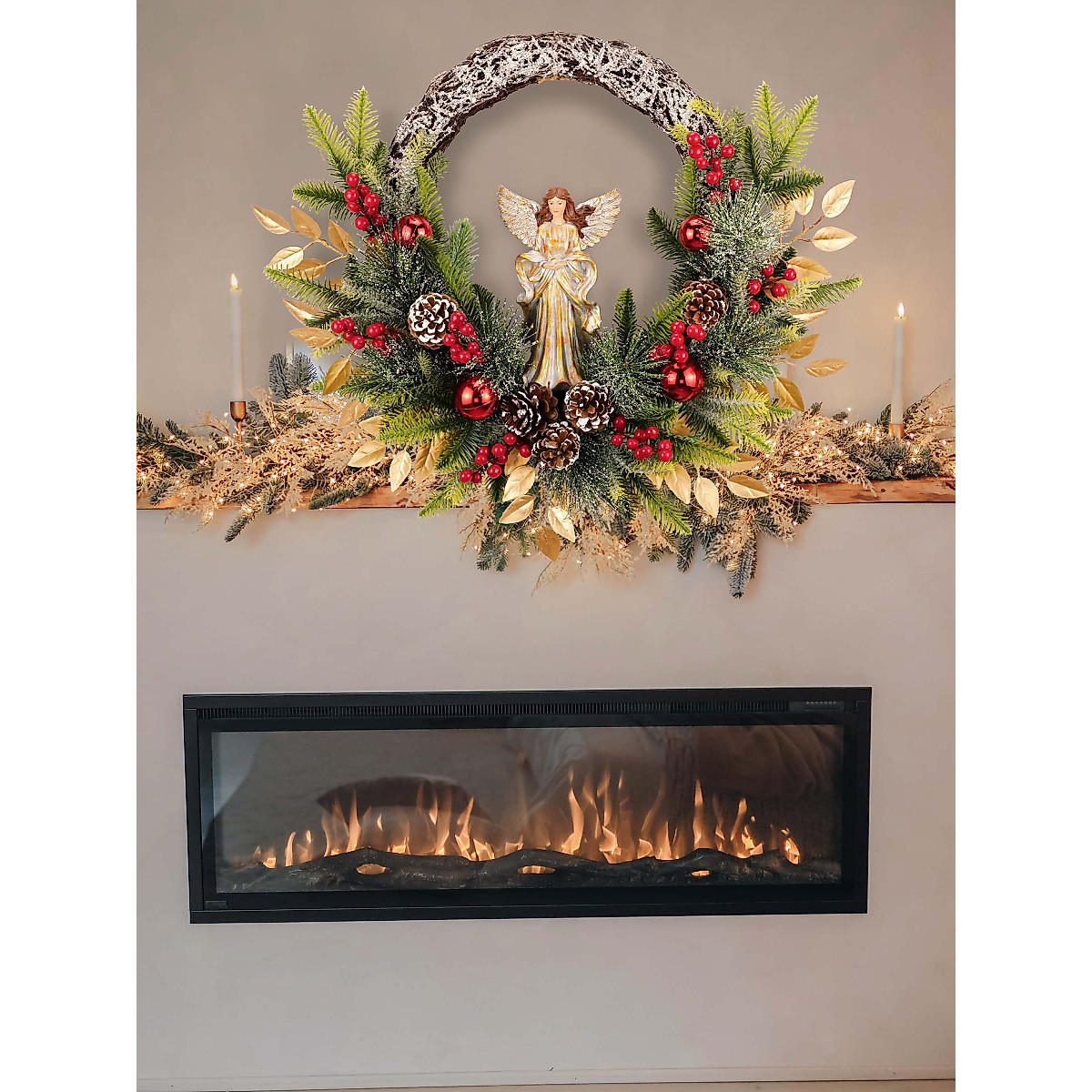 24" Angel Christmas Wreath, Artificial Holiday Wreath with Resin Angel Statue, Natural Rattan Ring & Pine Cones, Golden Leaves, Red Baubles, Spruce Branches, Snowy Pine Needles (Angel)