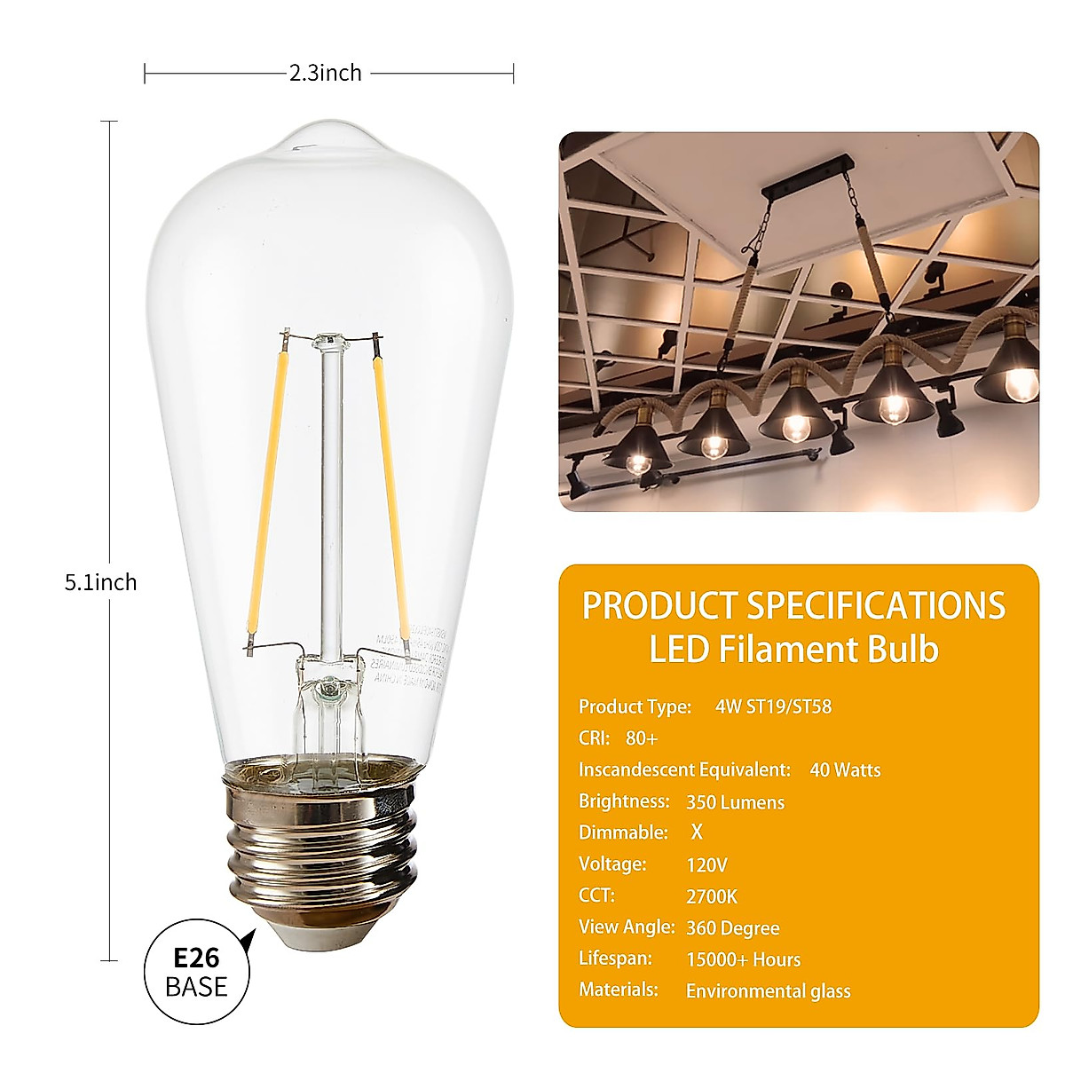 winsaLED 12 Pack LED Edison Bulbs 40 Watts Equivalent, 4 Watt LED Vintage Light Bulb, 2700K Soft White ST19 Light Bulb, 350LM E26 Base for Light Fixtures