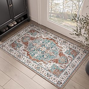 jinchan Area Rug 2x3 Washable Entryway Rug Vintage Kitchen Floor Cover Traditional Thin Rusty Red Multi Distressed Floral Doormat Indoor Mat for Bathroom Bedroom Living Room