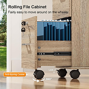 VINGLI Mobile 3 Drawer File Cabinets for Under Desk, Wooden Filing Cabinets for Home Office, Printer Stand & File Cabinet with Lock, 26-in H(Caster Included), Oak