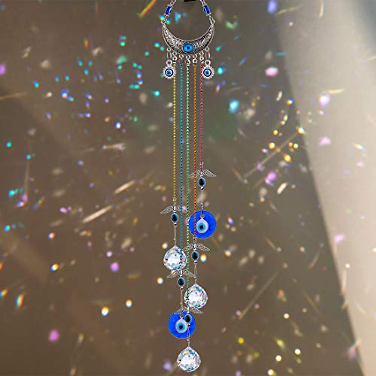 20inch Blue Evil Eye Hanging Crystals Suncatcher Ornament with Chakra Energy Crystal Ball Prism Pendant Rainbow Maker for Home Decor Protection