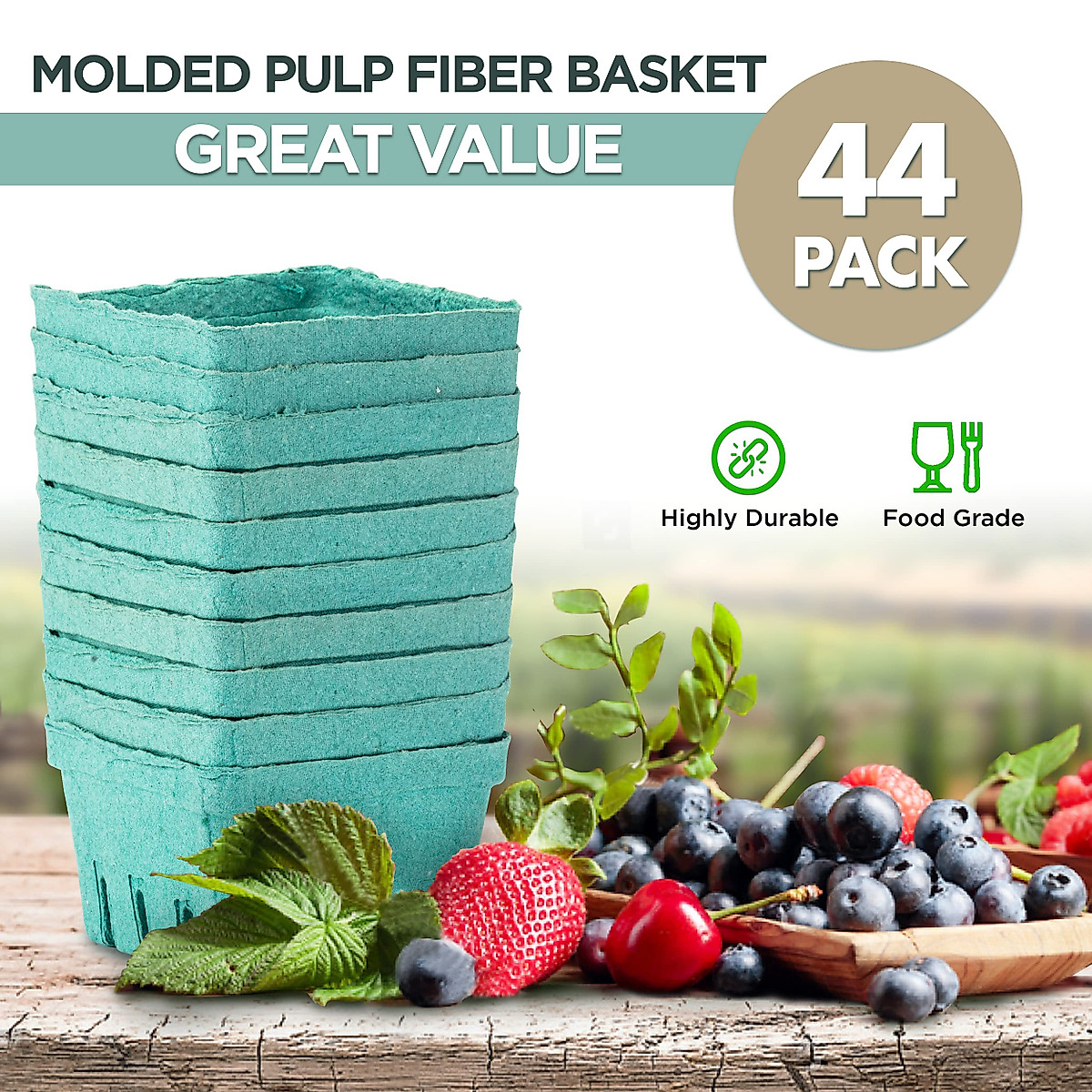 FMP Brands Pint Green Molded Pulp Fiber Berry Basket Produce Vented Container for Fruit and Vegetable, Farmer Market, Grocery Stores and Backyard Party, 44 Pack