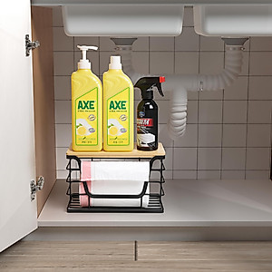 ALOCEO Small Trash Bag Holder with Bamboo Top, Wall Mount Stackable Standard Garbage Bag Dispenser for Laundry Room Organization and Storage