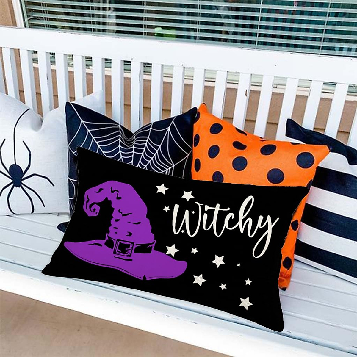 MEHOTOP Halloween Pillow Covers 12x20 Black Background Purple Magic Witchy Hat Throw Pillow Cover Stars Holiday Pillowcase Lumbar Pillow Case Seasonal Decorative Cushion Cases Home Sofa Couch Decor