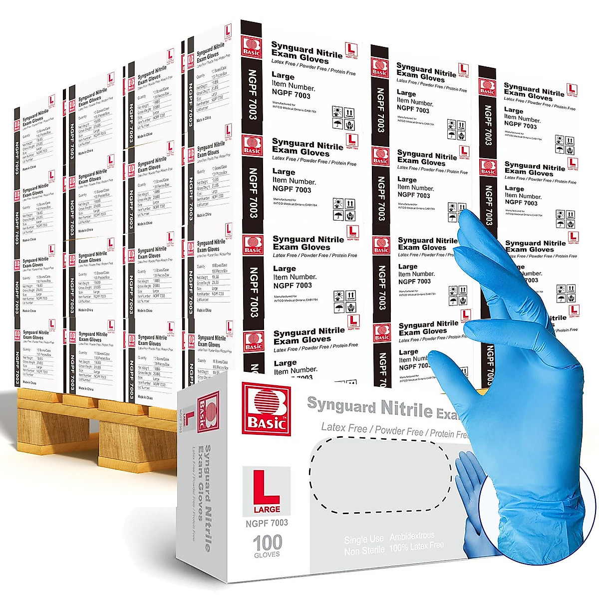 Basic Medical Blue Nitrile Exam Gloves - Latex-Free & Powder-Free - NGPF-7003, Pallet of 48 cases/48,000 gloves, Large