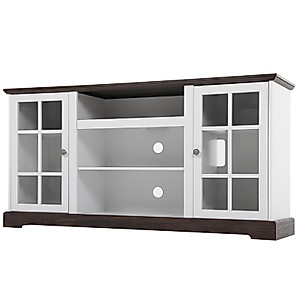 HolliWill White TV Stand, Entertainment Center for 65 inch TV, 58" Modern Farmhouse TV Stand with Glass Door, Tall TV Console or Storage Cabinet for Living Room,White&Brown