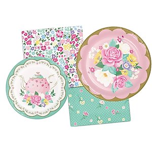 Floral Themed Tea Party Supply Pack Bundle Includes Paper Plates & Napkins for 8 Guests