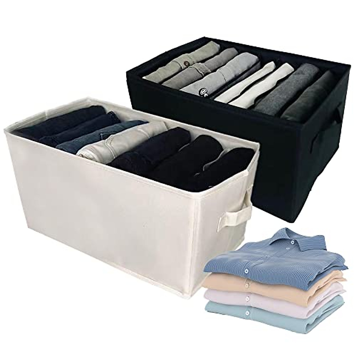 Wardrobe Clothes Organizer for Folded Clothes, Upgrade Closet Organizers With 7 Grids Clothes Folding Storage with Handle Cotton Fabric Closet Storage 2PC (Gray and Beige Cotton Material) (oxford fabric)