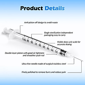 CAILOS 1ml 30 Gauge Syringes 1cc 1/2 Inch 13mm Lab Disposable Supplies for Refilling or Dispensing, Pack of 100