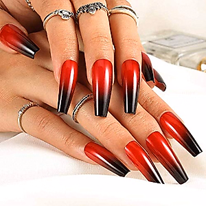 Outyua Halloween Red Black Press on Nails Ombre Coffin Fake Nails Long False nails with Designs Acrylic Witch Ghost Nails for Women and Girls 24Pcs (Red & Black)