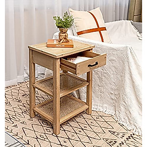 Brown Natural Solid Wood End Table with Drawer, Industrial Nightstand Sofa Side Table with 2 Tier Rattan Shelf, Fit for Bedroom, Living Room