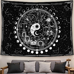 Kanuyee Twelve Constellation Tapestry,Black and White ，Sun and Moon ，Yin and Yang Tapestry Mystic Wall Hanging Tapestry for Home Decor (35"x47")