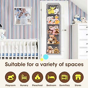 Stuffed Animal Storage, Hanging Over The Door Stuffed Animal Organizer with 5 Clear Dust-Proof Pocket Organizer for Display Kid's Toys.(Light Gray)