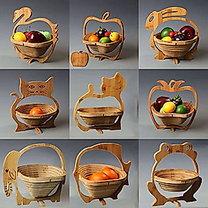 ROWGEE 11x 11.8 Inches Collapsible Bamboo Fruit Basket,Foldable Dried Fruit Basket,Wooden Snack Basket,Creative Fruit Bowl Holder For Kitchen Table-frog