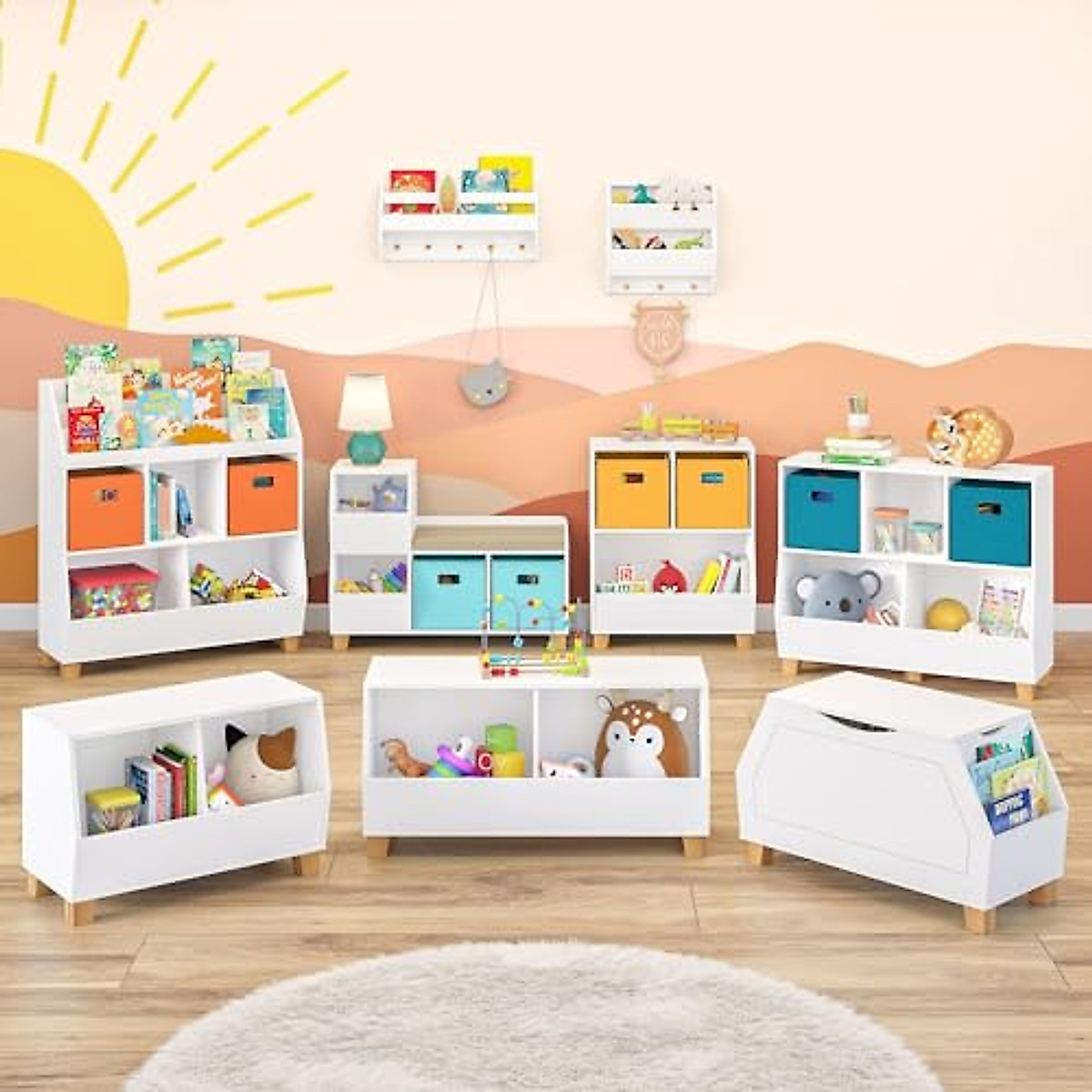 RiverRidge Catch-All Kids Bookshelf with 2 Storage Bins and 3 Wooden Hooks - Playroom Bookshelf for Kids' Rooms - Book and Toy Storage