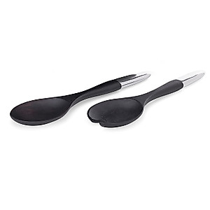 nambe Noir Dark Stained Salad Bowl and 2 Servers with Nambe Alloy Accents | Measures 15" x 10" | Made with Acacia Wood and Nambe Alloy | Designed by Steve Cozzolino