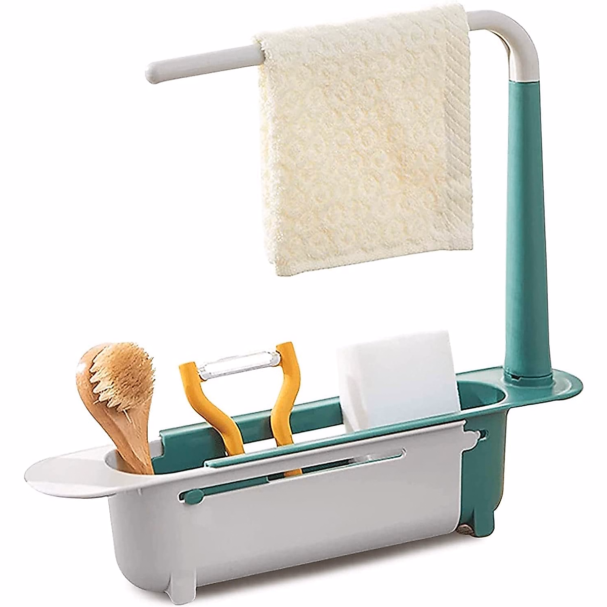 Telescopic Sink Sponges Storage Rack, 11.8 -17.7inch Adjustable Soap Sponge Organizer for Kitchen Sponge and Soap Expandable Storage Drain Basket with Dishcloth Hanger…