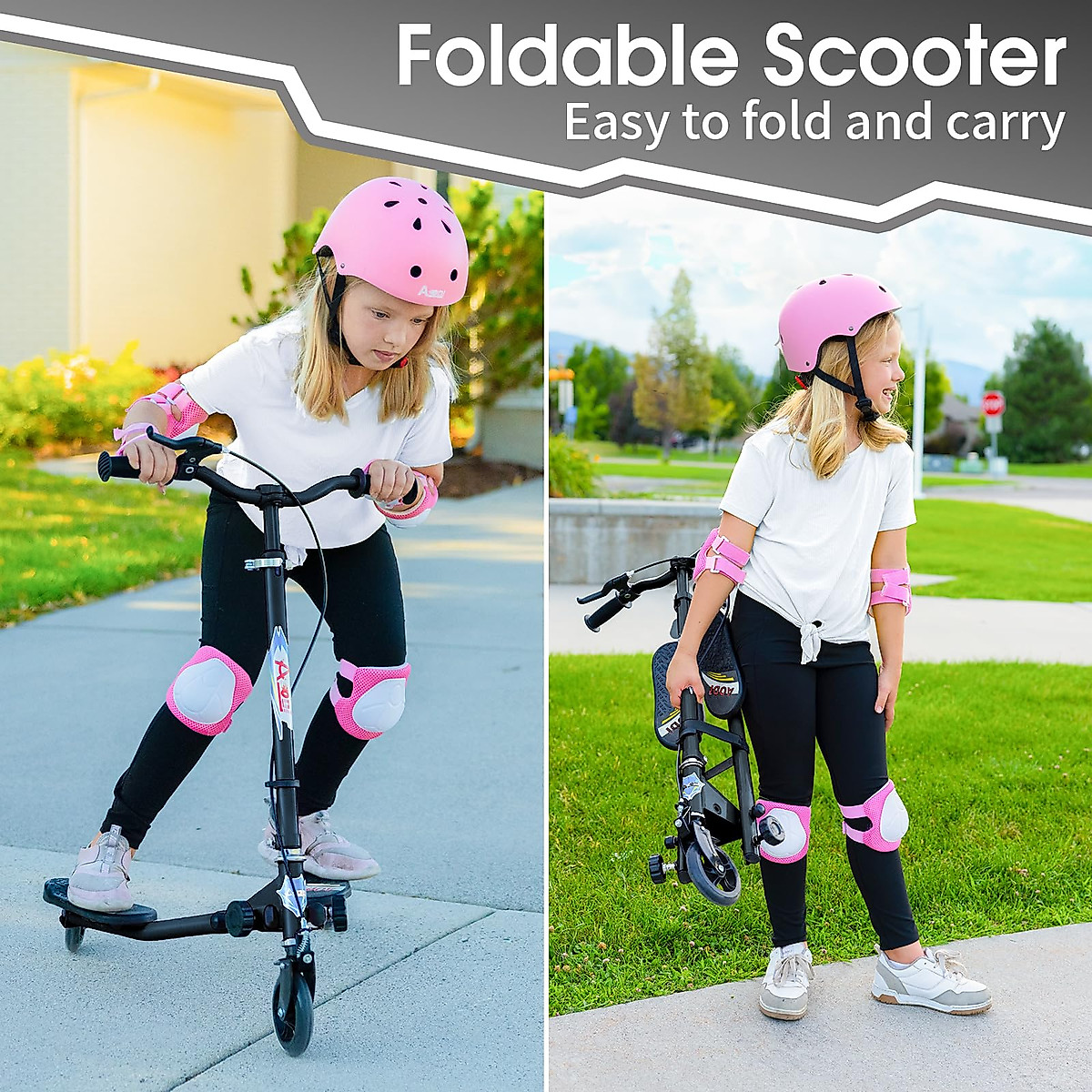 AODI Swing Scooter for Kids, 3 Wheels Foldable Wiggle Scooter Push Drifting with Adjustable & 2 Rear LED Wheels Kicks Scooter for Boys and Girls Ages 3-8
