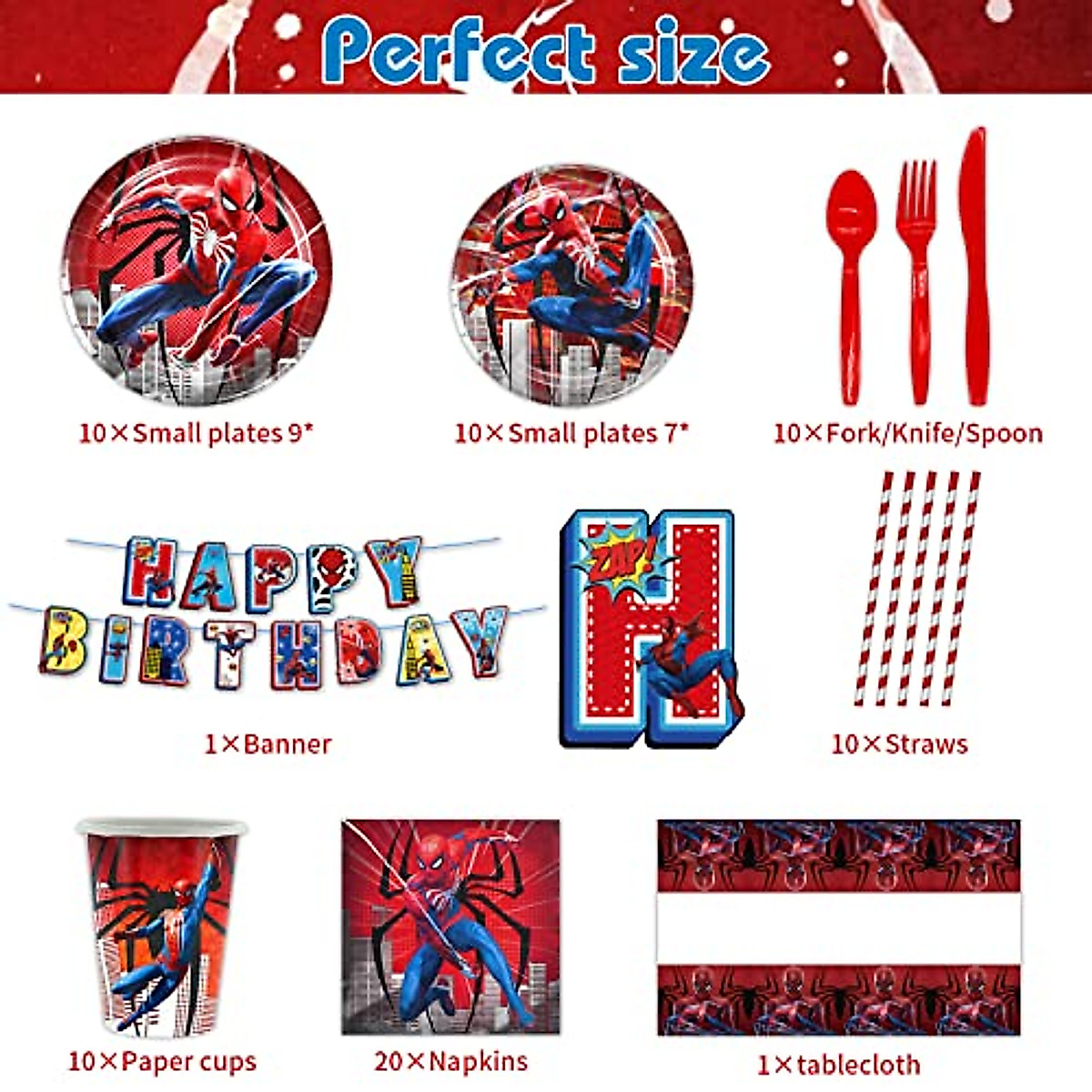 Spider Party Supplies Superhero Birthday Set, Including Plate, Napkin, Cup, Knife Fork, Spoon, Tablecloth、Straws and Pull flags， Spider Birthday Decorations For Boys and Girls