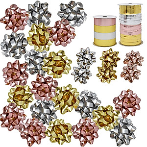 30 Self Adhesive Christmas Bows with 8 Rolls of Holiday Curling Ribbon Rolls Matte and Metallic Gold Silver and Rose Gold Bows in 3 Assorted Sizes for Packages & Presents Gift Wrapping Decorations