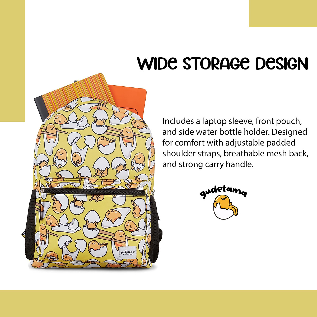 Fast Forward Gudetama Lazy Egg Allover Backpack - Gudetama Lazy Egg Iconic Backpack - Officially Licensed Gudetama School Bookbag (Yellow)