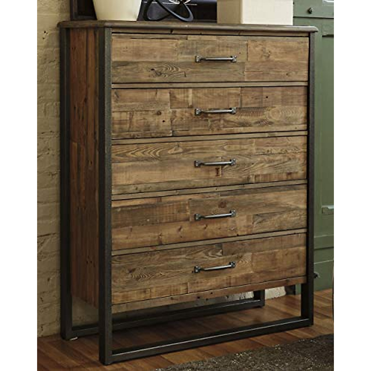 Signature Design by Ashley Sommerford Industrial Farmhouse 5 Drawer Chest with Dovetail Construction, Butcher-Block Brown, Black
