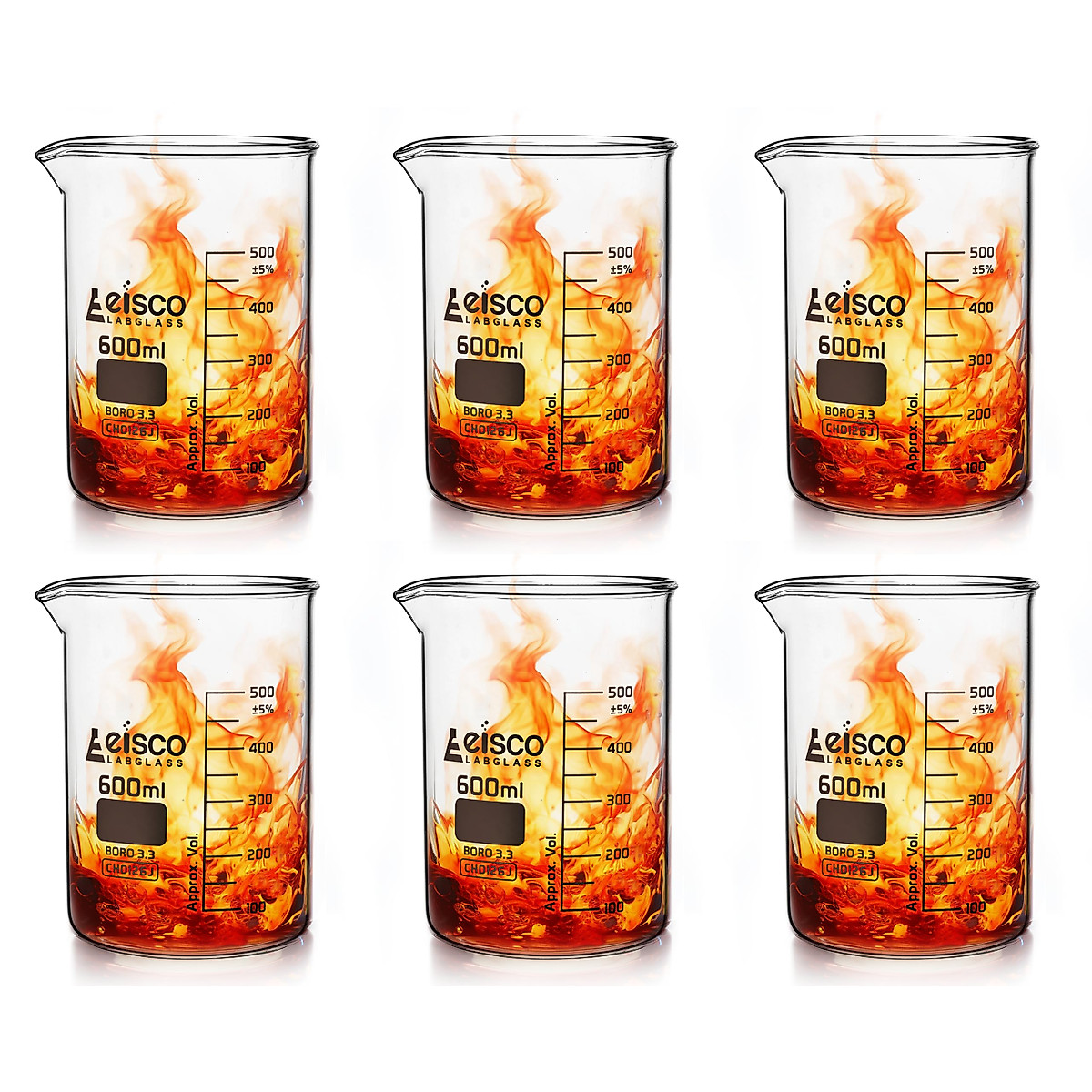 EISCO 6PK Beakers, 600mL - Low Form with Spout - White, 50mL Graduations - Borosilicate 3.3 Glass