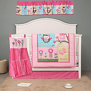 5 PCs Pink Owl Birds Butterfly Nursery Crib Bedding Set Blush Pink Floral Baby Girl Cot Bedding Set Quilt, Fitted Sheet, Skirt, Diaper Storage Bag, Window Valance