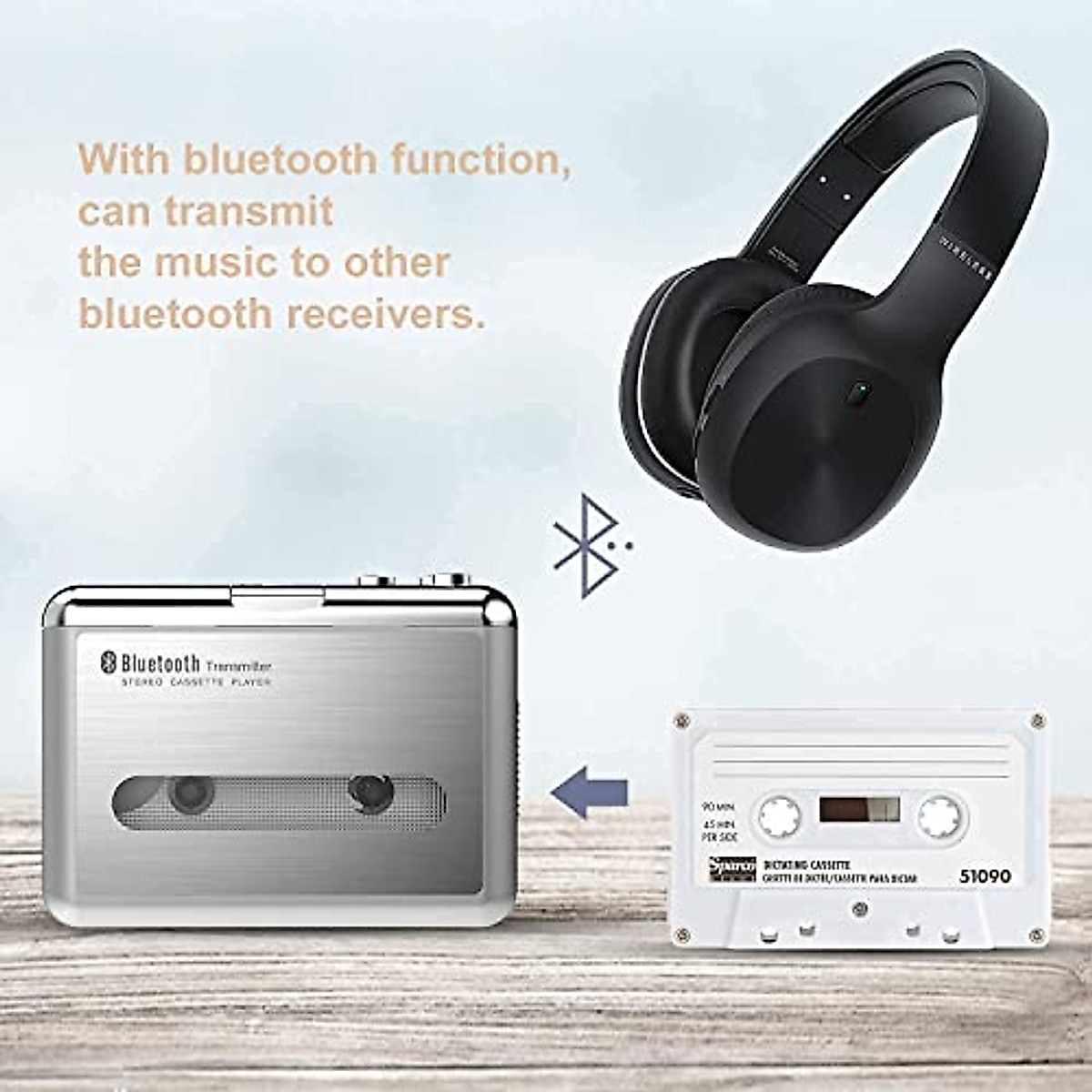 Bluetooth Walkman Cassette Player with Earphone, Portable Tape Player Compact Stereo Audio Music Wireless Bluetooth Output to Headphone/Speaker, 2AA Battery or USB Power Supply, 3.5MM Headphone Jack