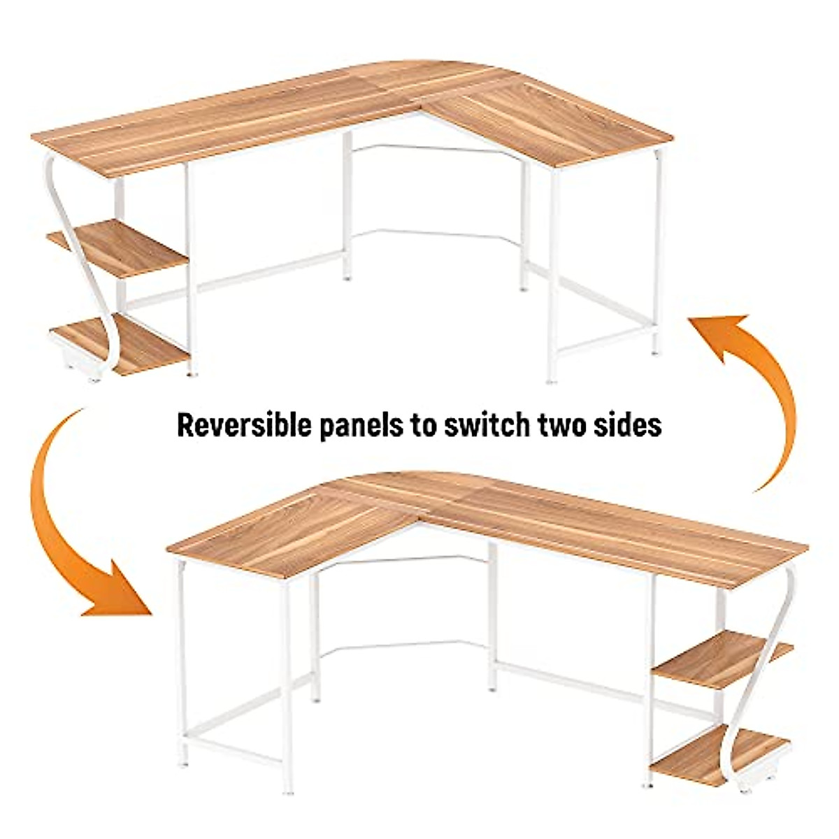 Weehom Reversible L Shaped Desk with Shelves Large Corner Computer Desks for Home Office Writing Workstation Wooden Desk Table, Walnut+White Leg