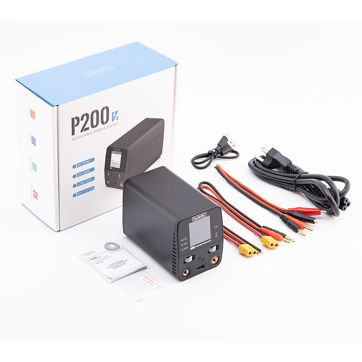 NEW ToolkitRC P200 V2 Mini 30V Supply AC100W DC200W 10A GaN Adjustable Mini Desktop Power Supply USB Output 4.0mm banana female port with TypeC 65W Output fast charging