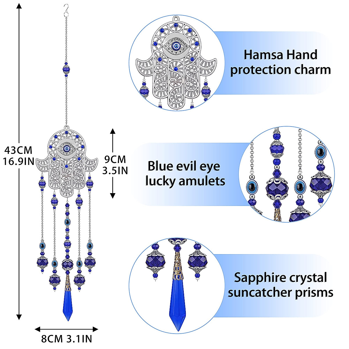 Crystal Prism Suncatcher Ornament with Hamsa Fatima Hand Protection Charm Turkish Greek Blue Evil Eye Sapphire Crystals Beads for Window Hanging Decoration