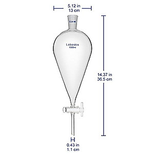 Labasics Borosilicate Glass 1000ml Conical Separatory Funnel with PTFE Stopcock, 1000mL