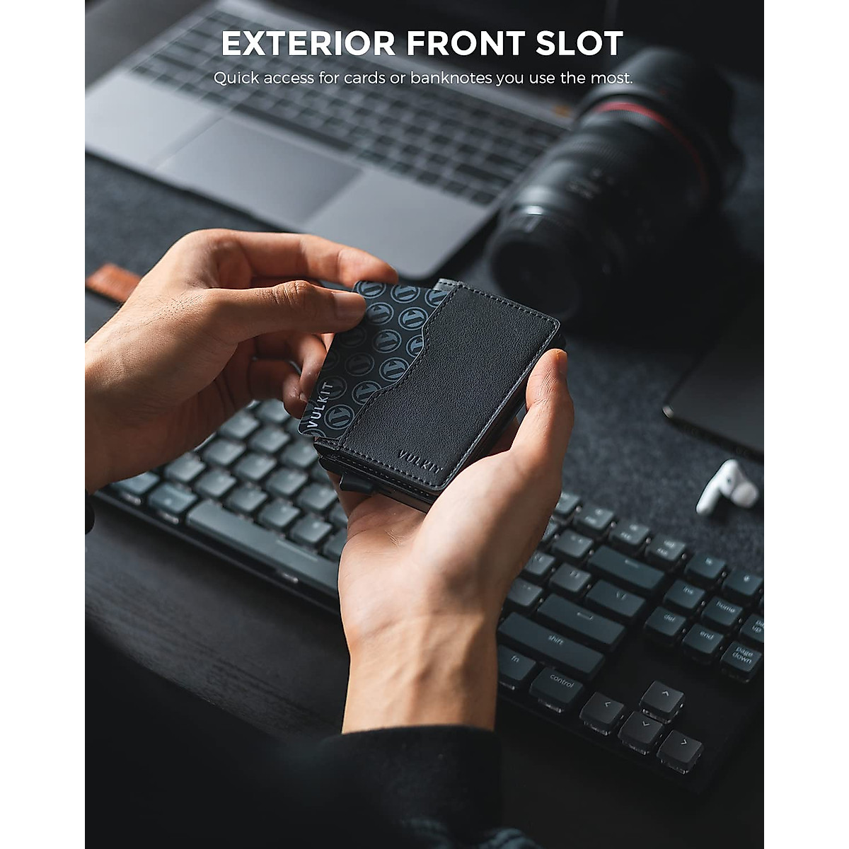 VULKIT Pop up Wallet Credit Card Holder with Leather Slots RFID Blocking Metlal Bank Card Case for Men or Women(Black)